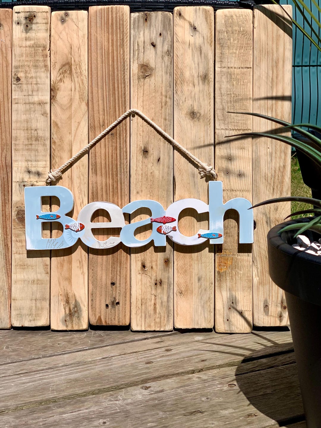 Large Hanging Wooden 'beach' With Fish Sign Hanger Coastal Decor Plaque ...
