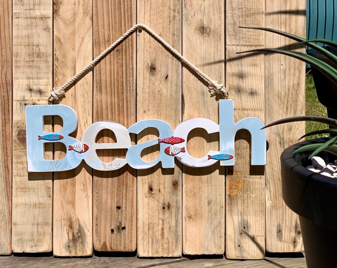 Large Hanging Wooden 'beach' With Fish Sign Hanger Coastal Decor Plaque ...