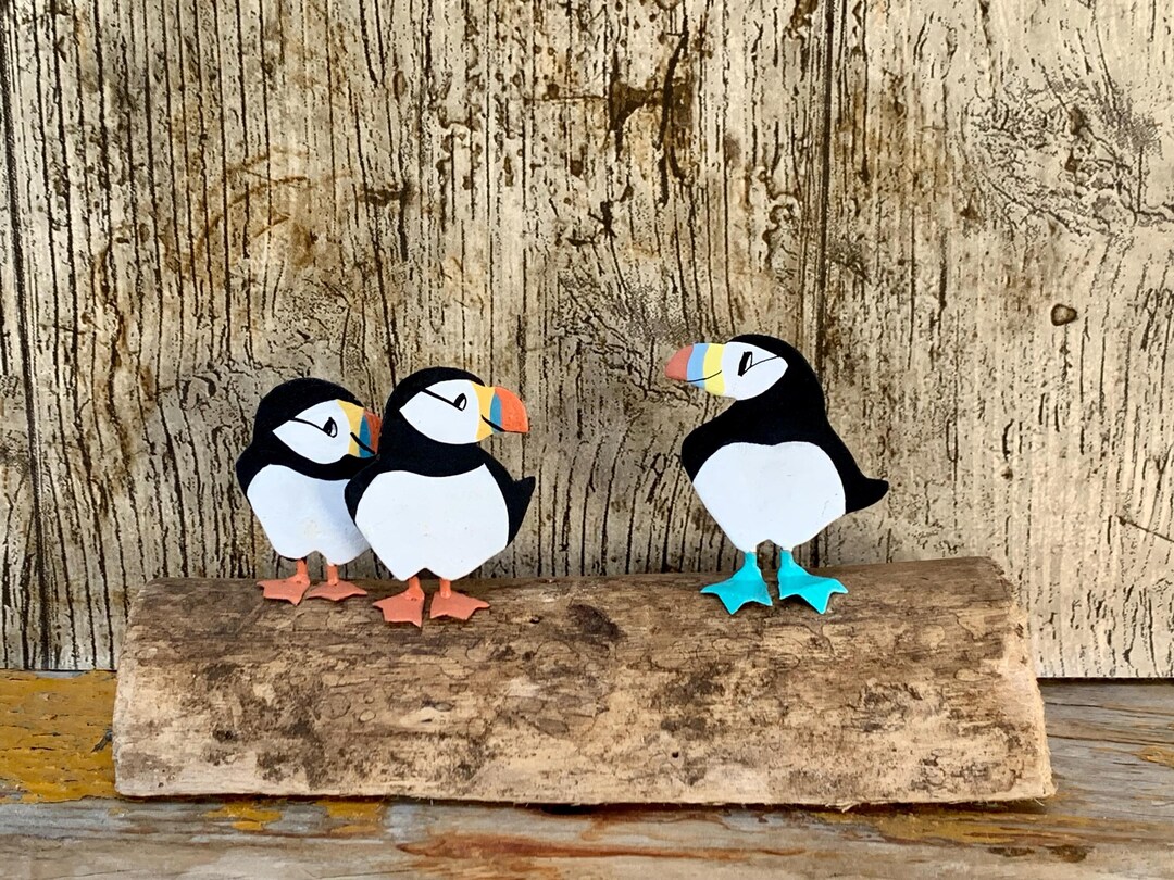 New Shoes Puffin Metal Sculpture Ornament on Wood Coastal Decor Puffins ...