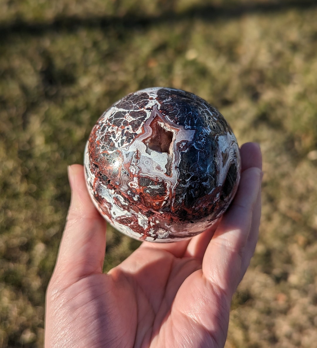 Mexico Lace Agate Sphere With Druzy and Red Patches - 69 Mm Diameter - Etsy