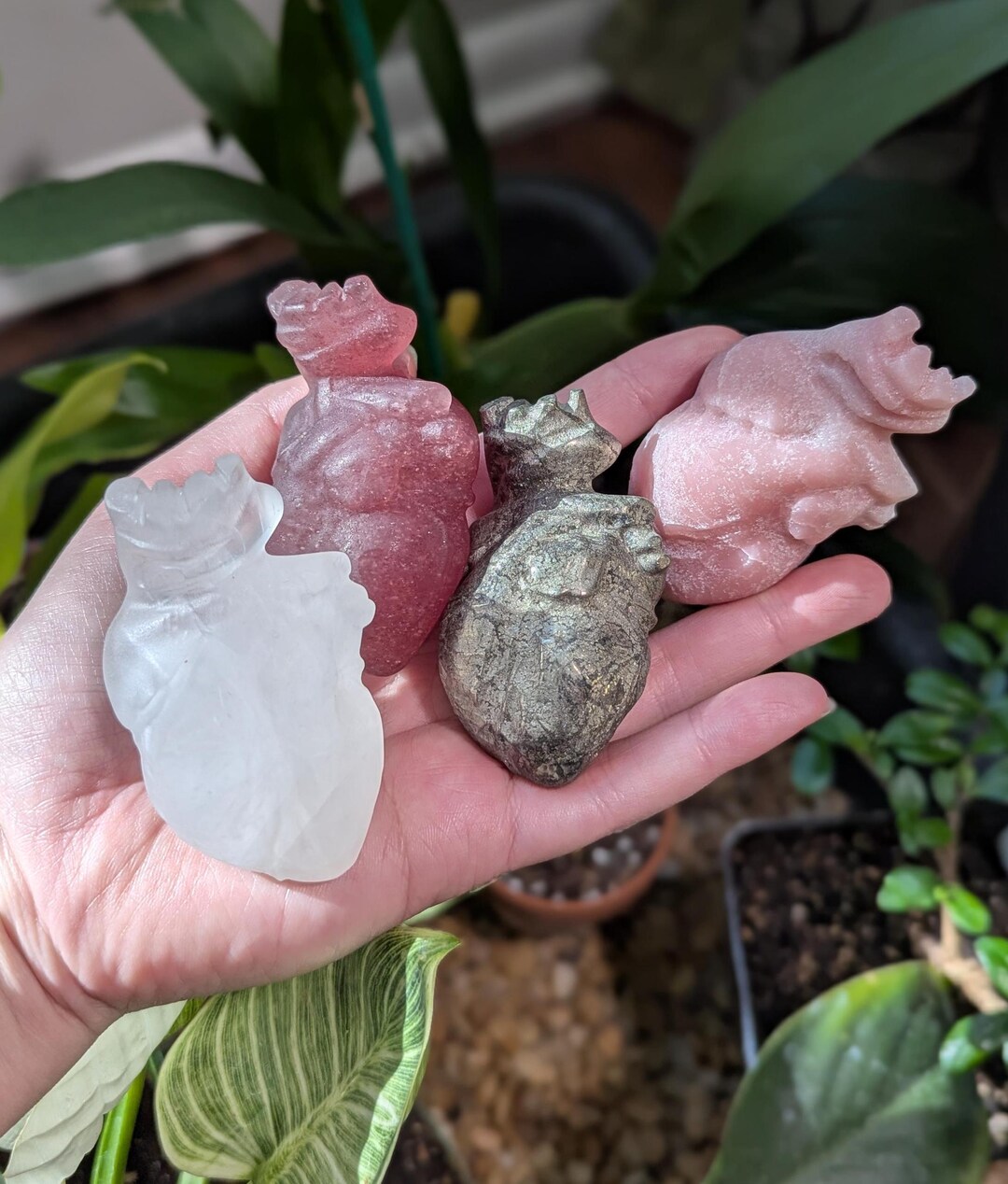 Anatomical Heart Carving: Quartz, Strawberry, Pink Opal, Pyrite (7cm ...
