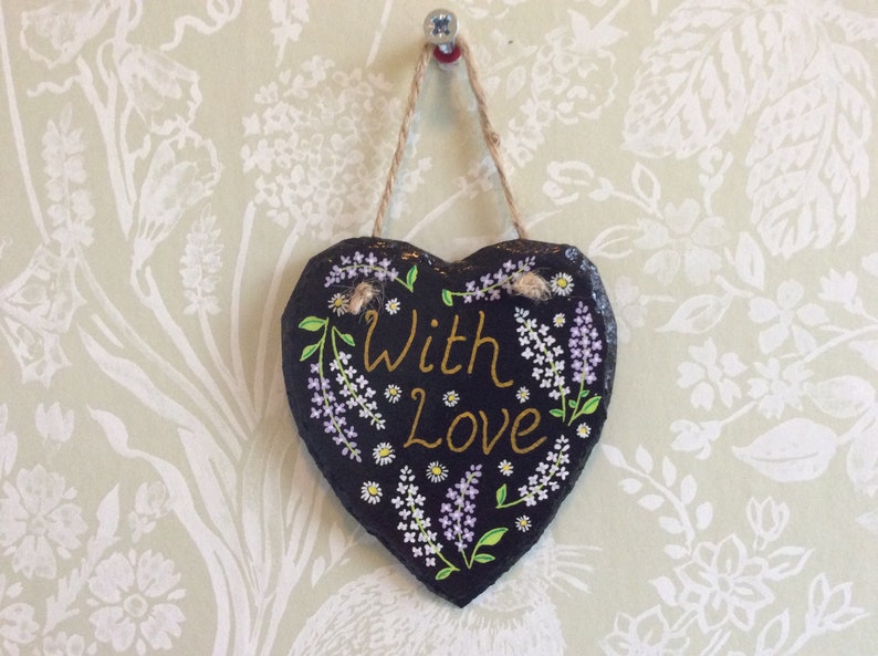 Slate Art With Love Hand Painted Hanging Heart With Love Message Lilac ...