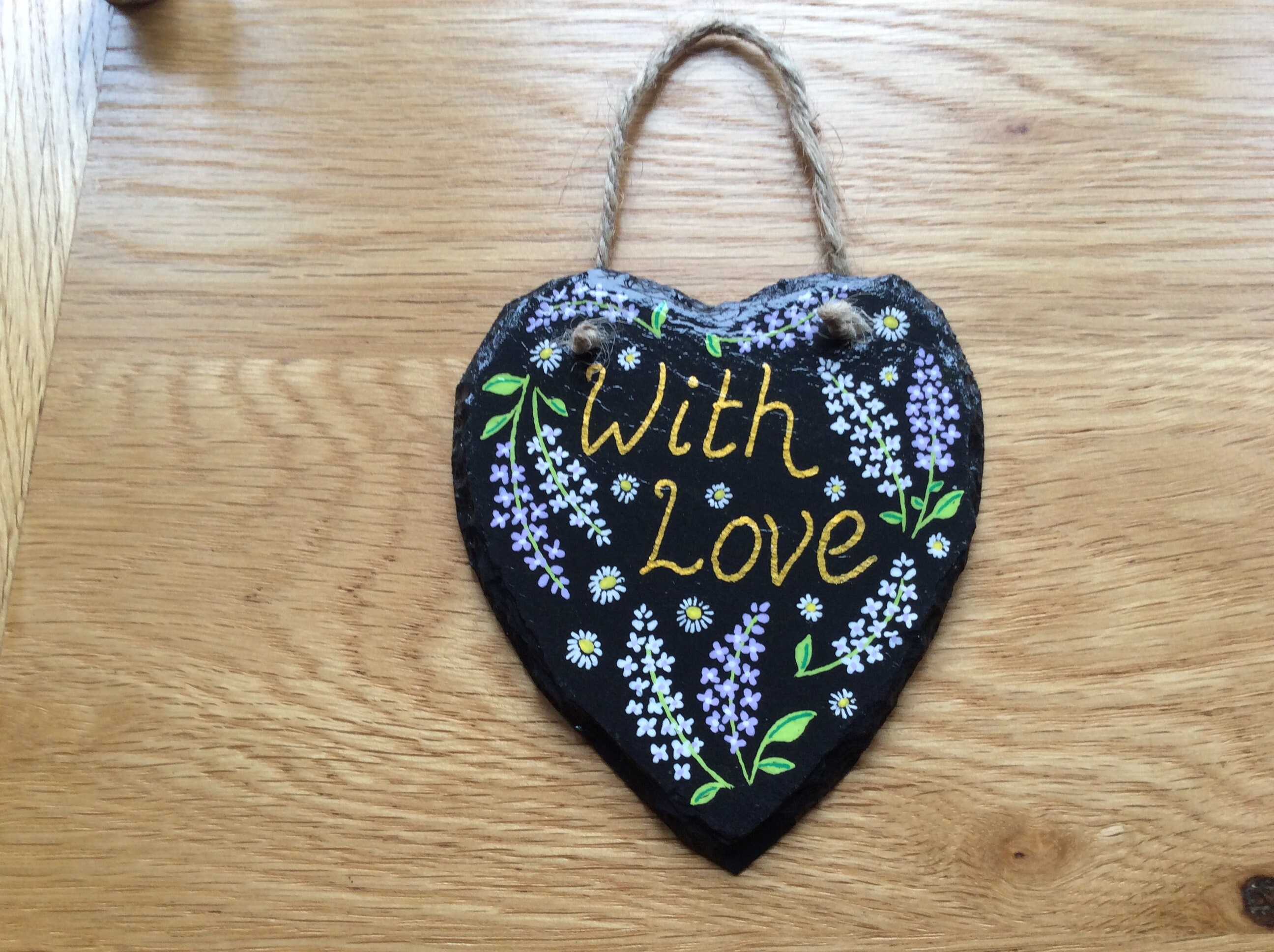 Slate Art With Love Hand Painted Hanging Heart With Love Message Lilac ...