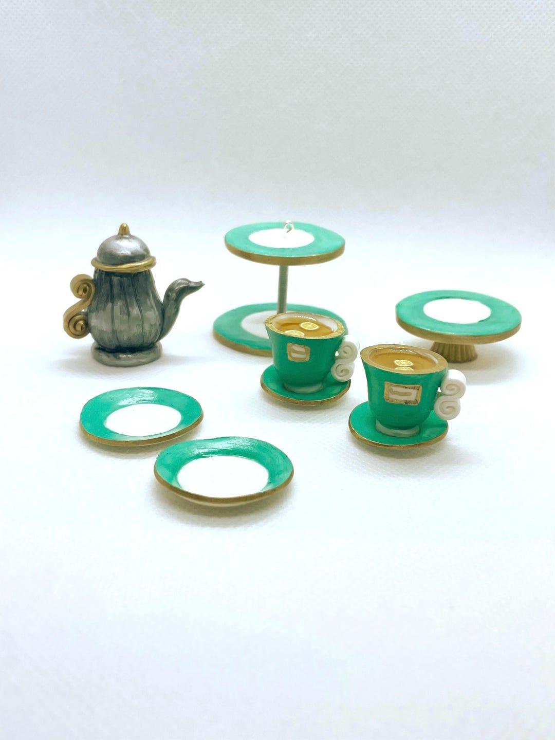 Miniature Teal Tea Set – Handmade 1/6th Scale Dollhouse Miniatures ...