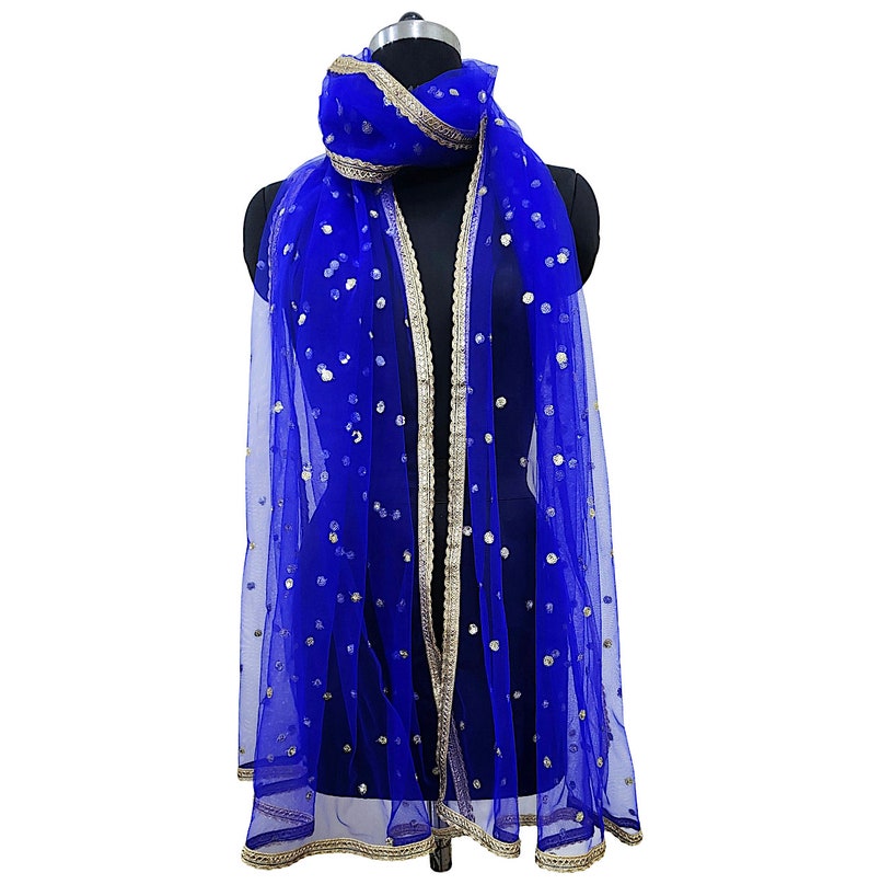 Royal Blue Sequin Embroidered Net Dupatta for Women, Wedding Shawl ...