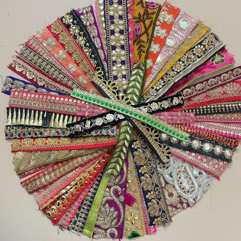 50 Pcs Pack Assorted Indian Trim Scrap Bag, Zari Lace, Velvet & Mirror ...