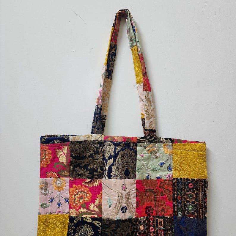 Handmade Patchwork Tote Bag | Vintage Brocade Fabric Shoulder Bag ...