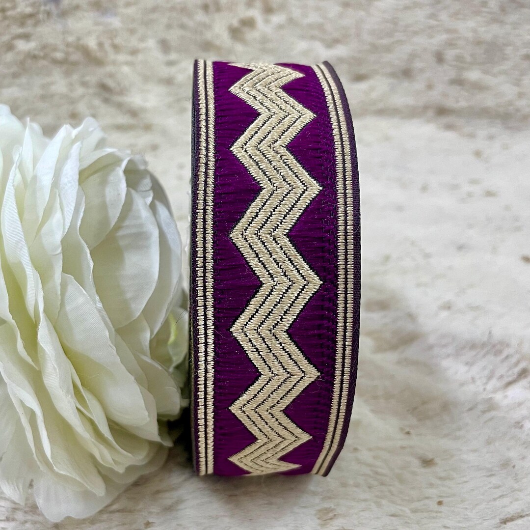 Embroidered Zig Zag Ribbon, Deep Purple Metallic Gold Trim, Saree ...