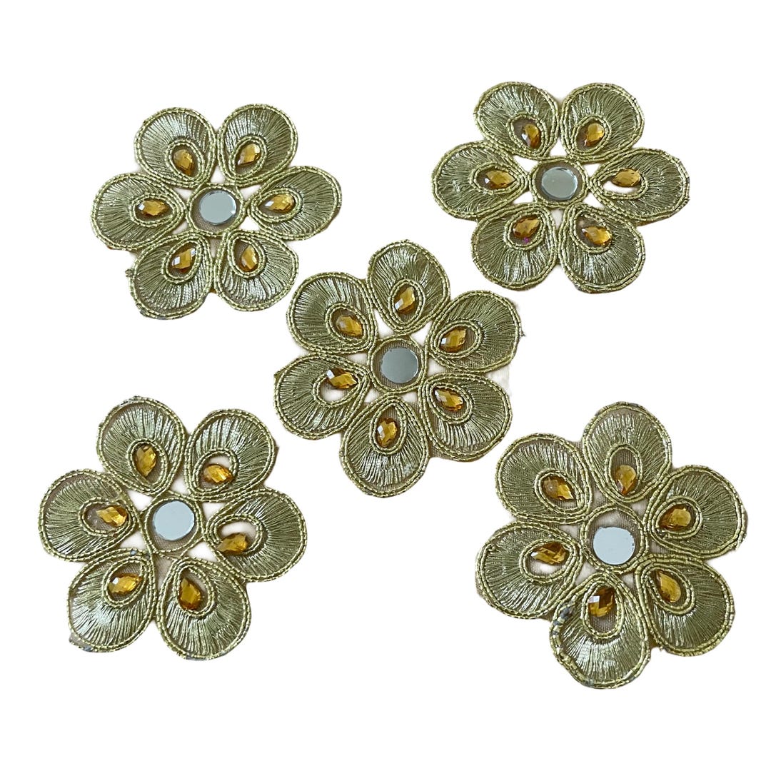 Applique Patches : DIY Projects 5 Pieces Gold Mirror Work Motifs Sew on ...