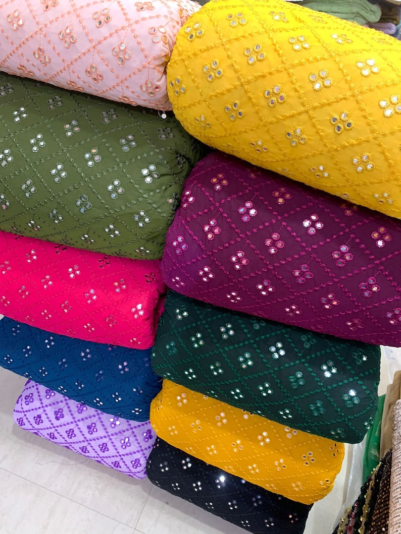 Georgette Fabric by the Yard | Mirror Work Embroidered Pure Georgette ...