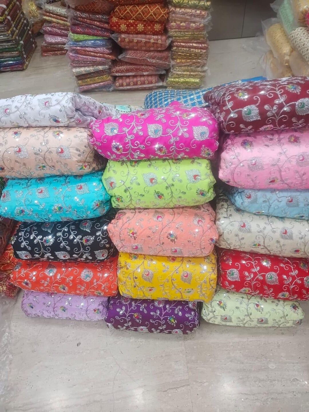 Fabric by the Yard Silver Embroidered Silk Floral Work 44” Wide Fabrics ...