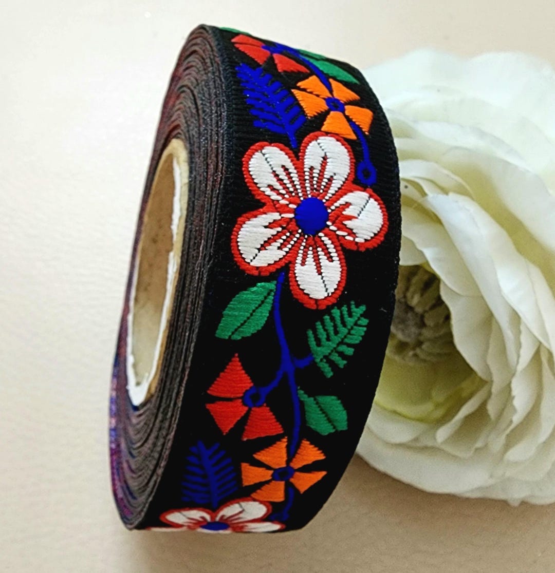 3cm Folk Floral Embroidered Trim, 9 Yards Roll | Black Multicolor ...