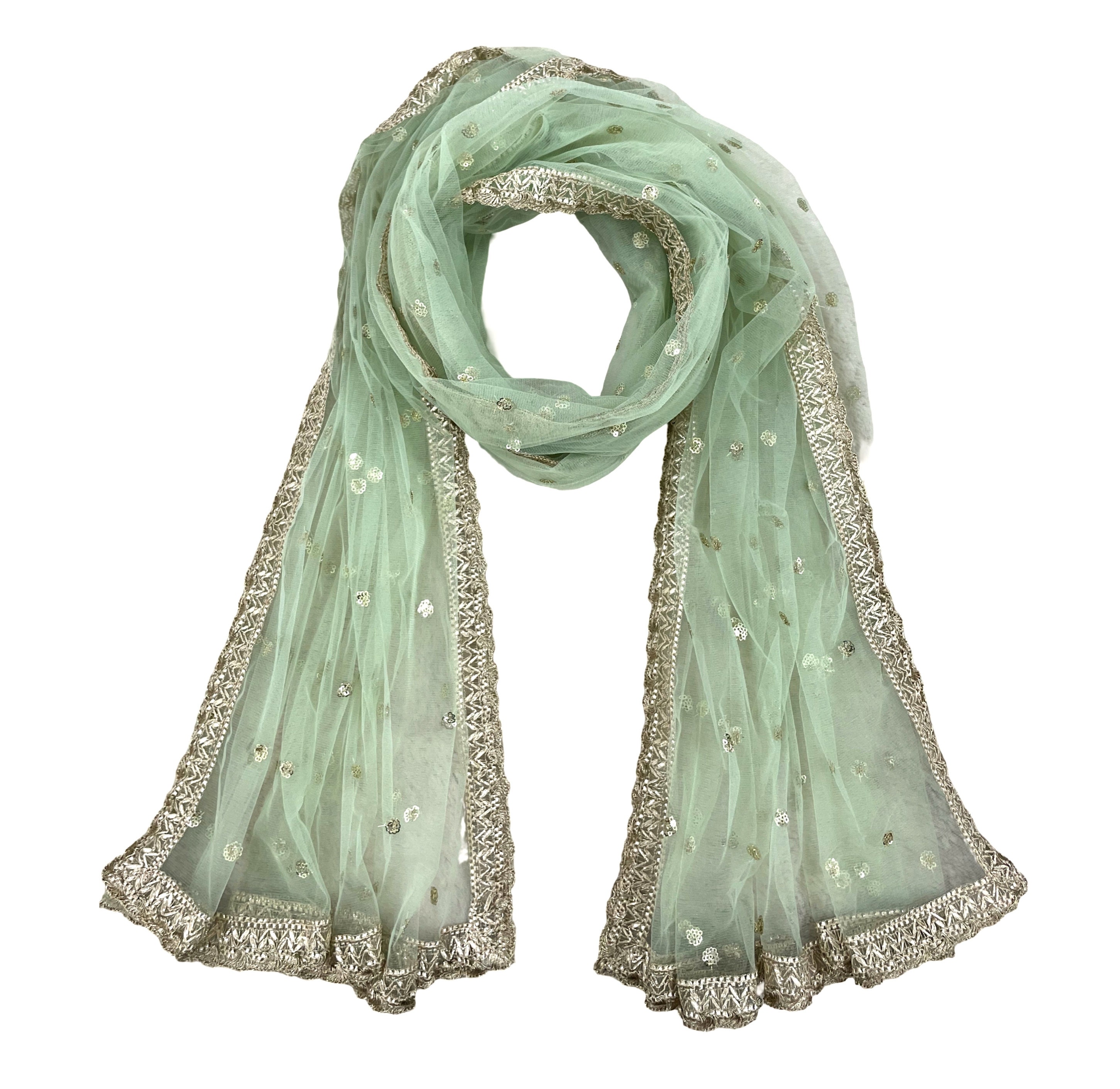 Sequin Embroidered Mint Green Net Dupatta for Women, Wedding Shawl ...