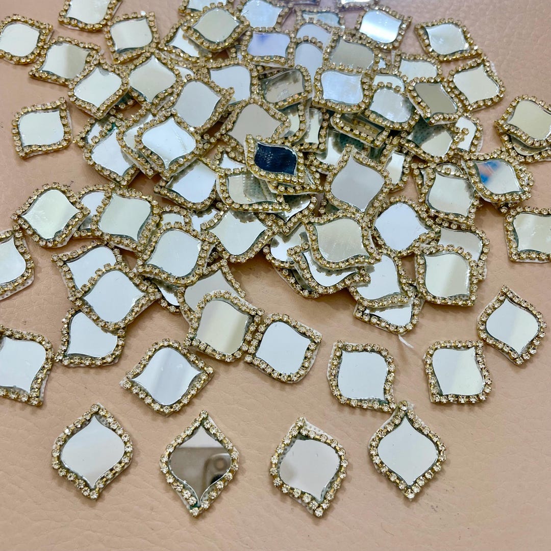Samosa Mirror Patches, Gold Zircon Rhinestone Appliques, Kunda ...