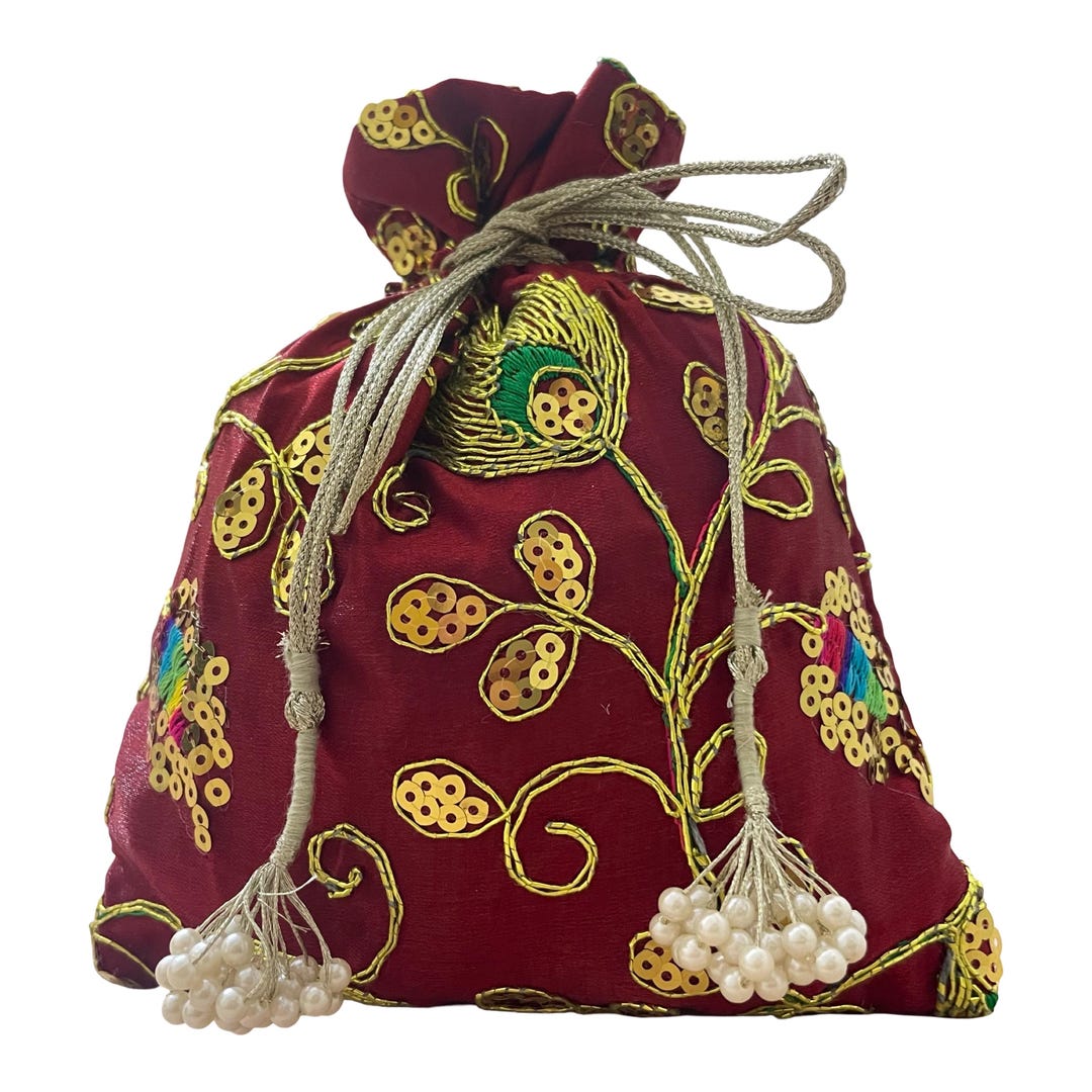 Maroon Silk Potli Bag | Peacock Embroidered, Indian Wedding Favor - Etsy