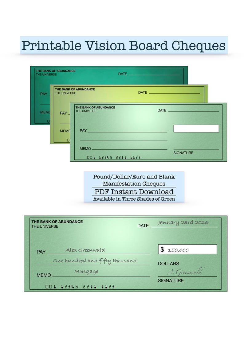 Green Vision Board Cheques - Printable Manifestation Tool (PDF) - Etsy