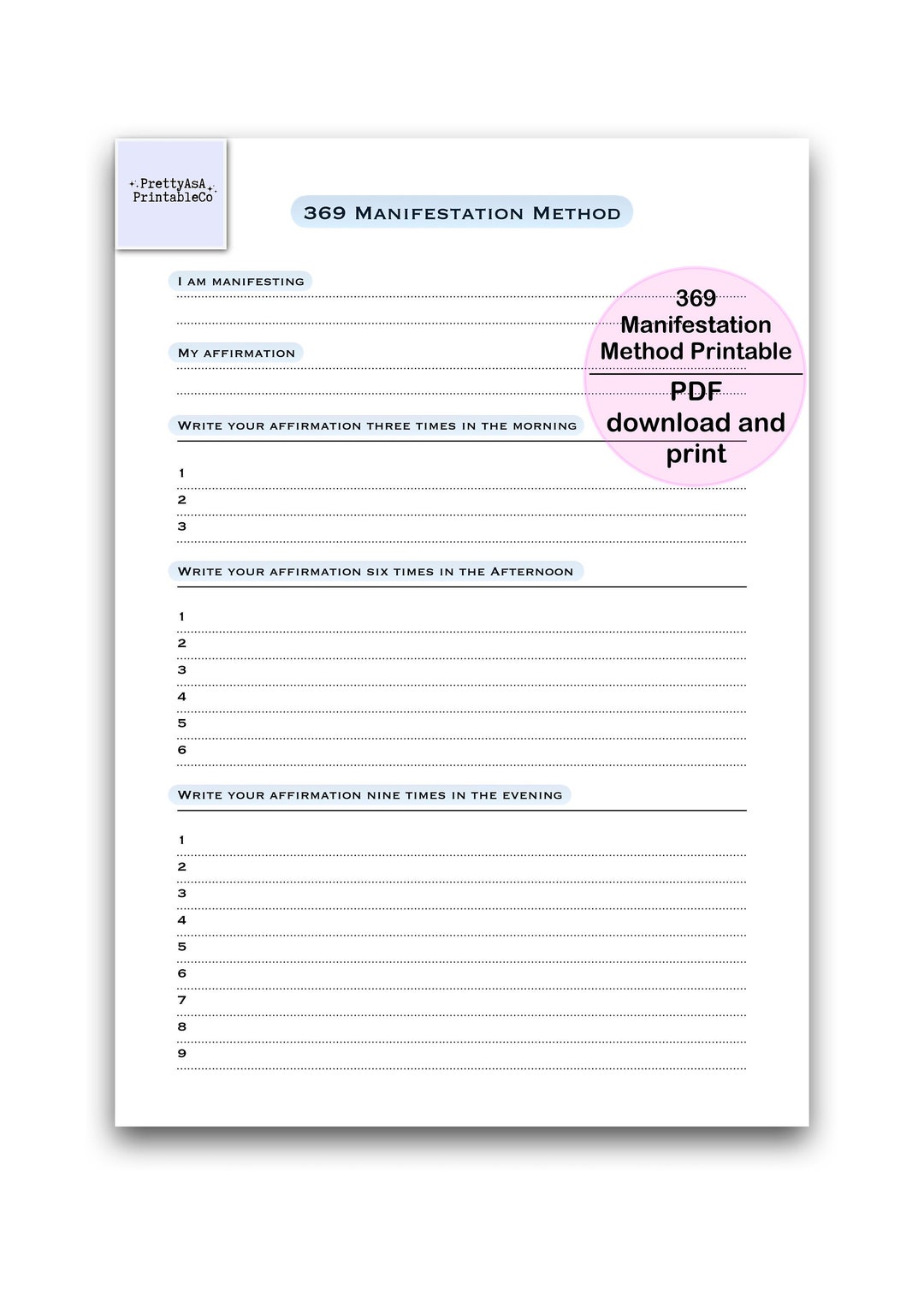 369 Manifestation Method Printable - Selection of Colours - A4, A5, US ...