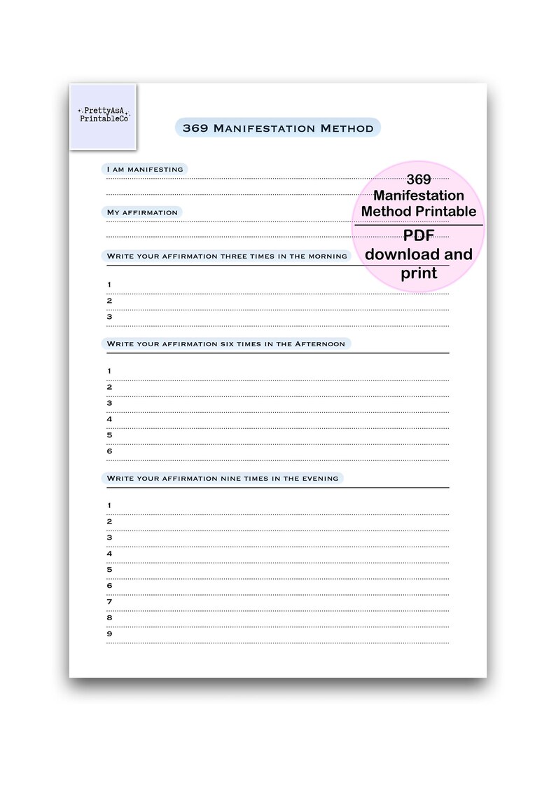 369 Manifestation Method Printable - Selection of Colours - A4, A5, US ...