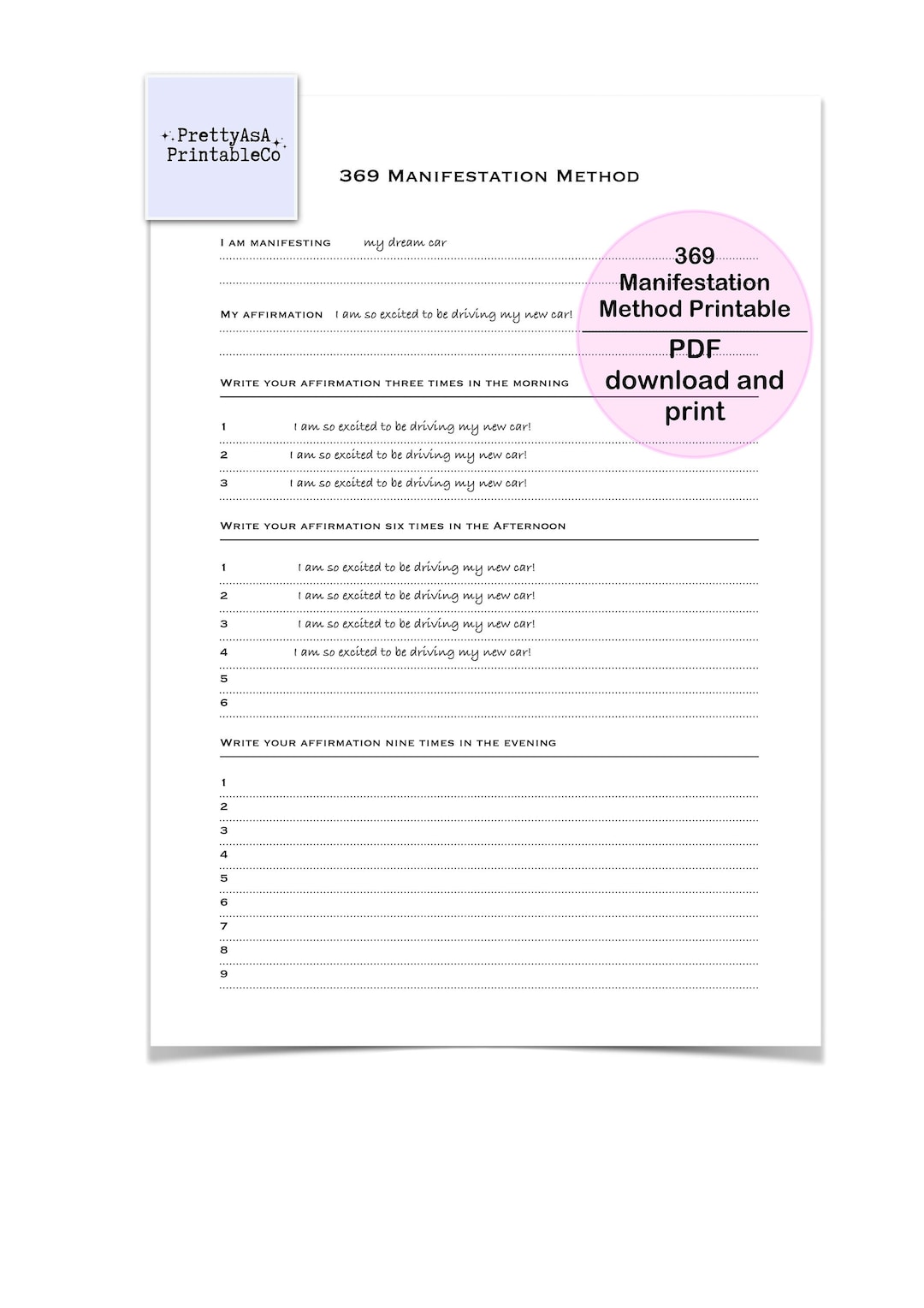 369 Manifestation Method Printable - Selection of Colours - A4, A5, US ...