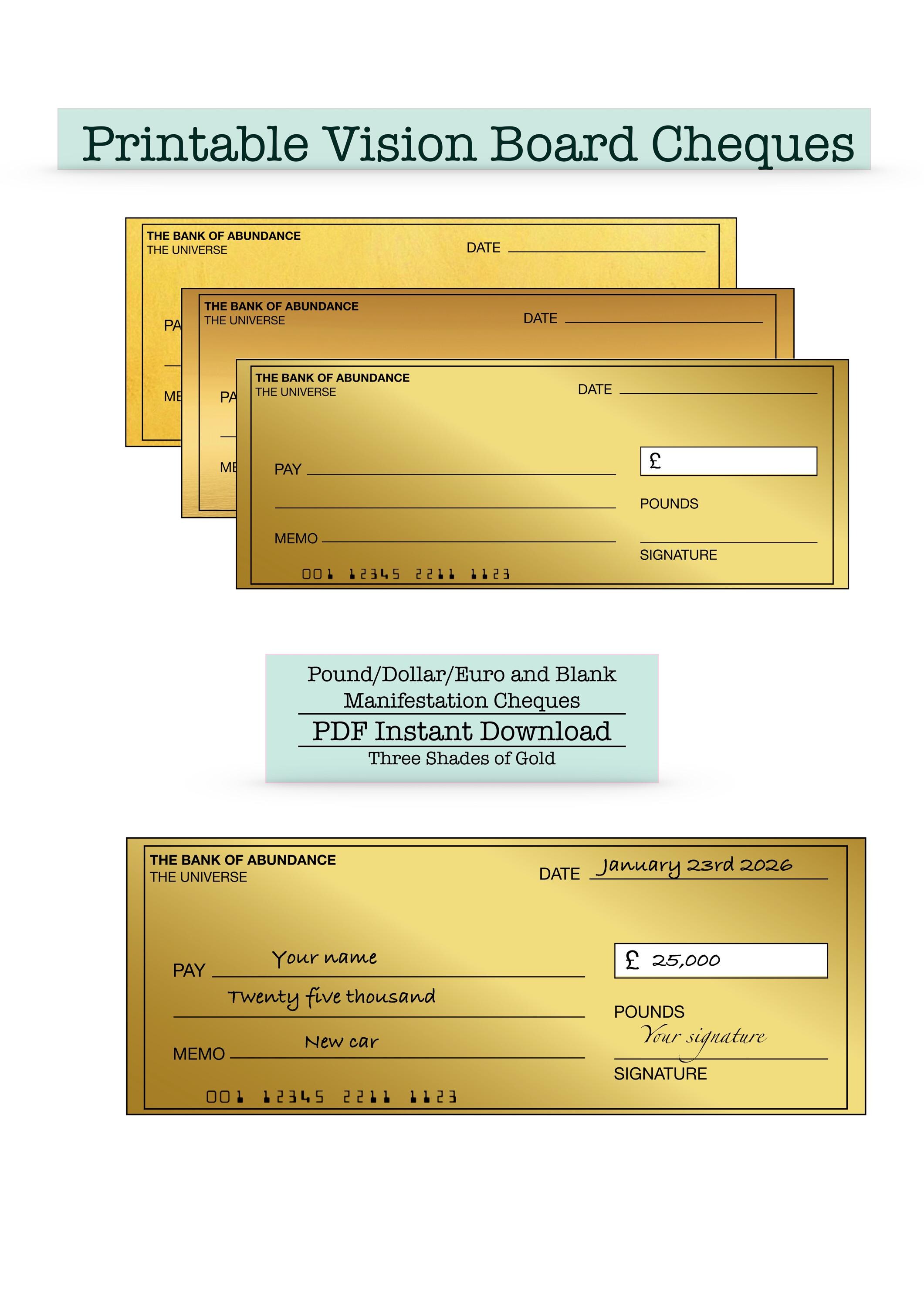 Gold Vision Board Cheques - Printable Manifestation Tool (PDF) - Etsy