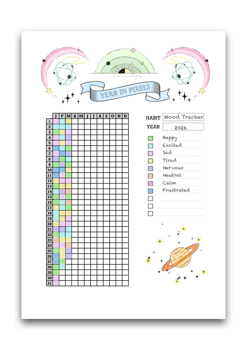 Year in Pixels Printable Template - Daily Mood and Habit Tracker - A4 ...