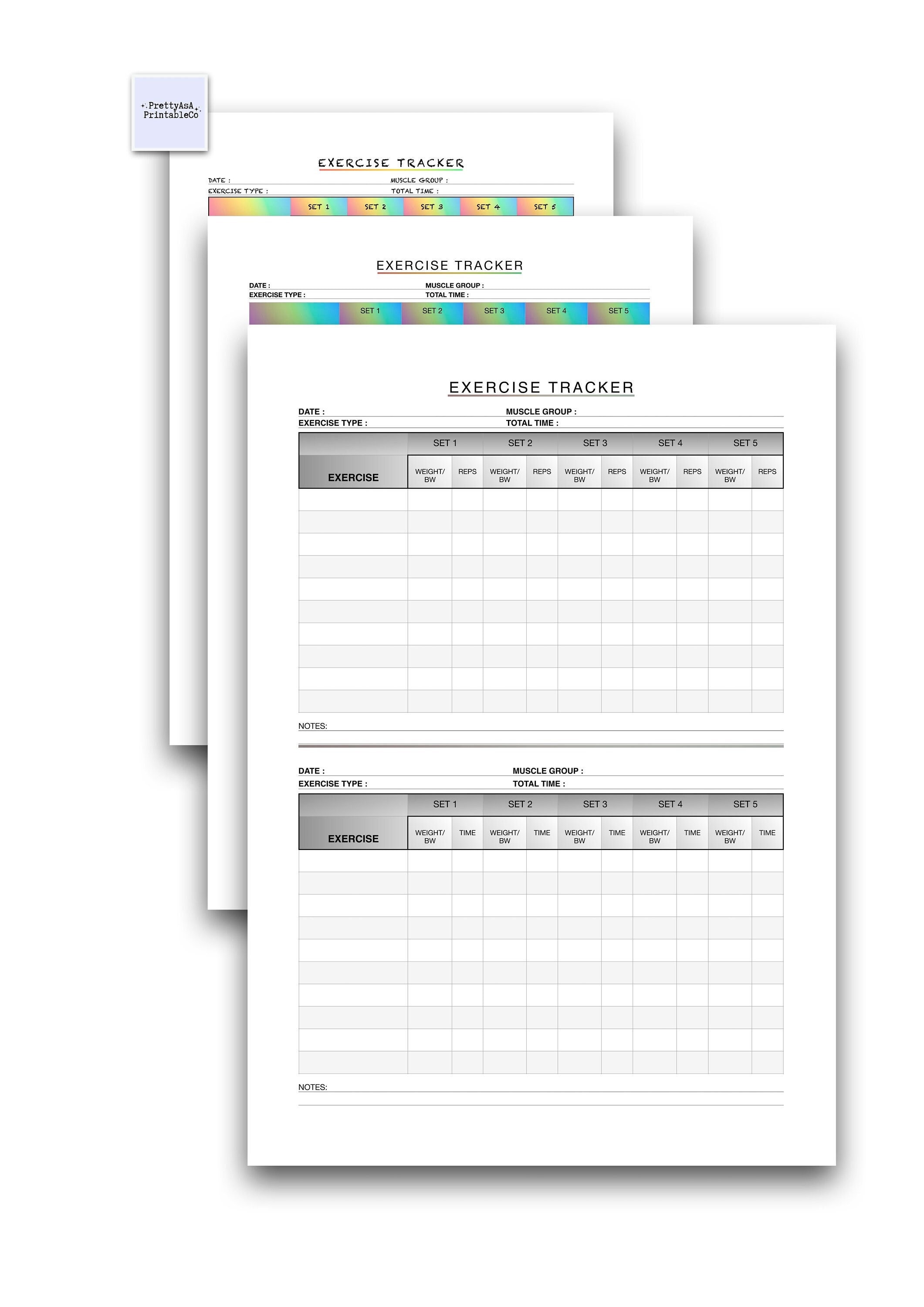 Exercise Tracker Printable - Grey, Metallic and Rainbow Workout ...