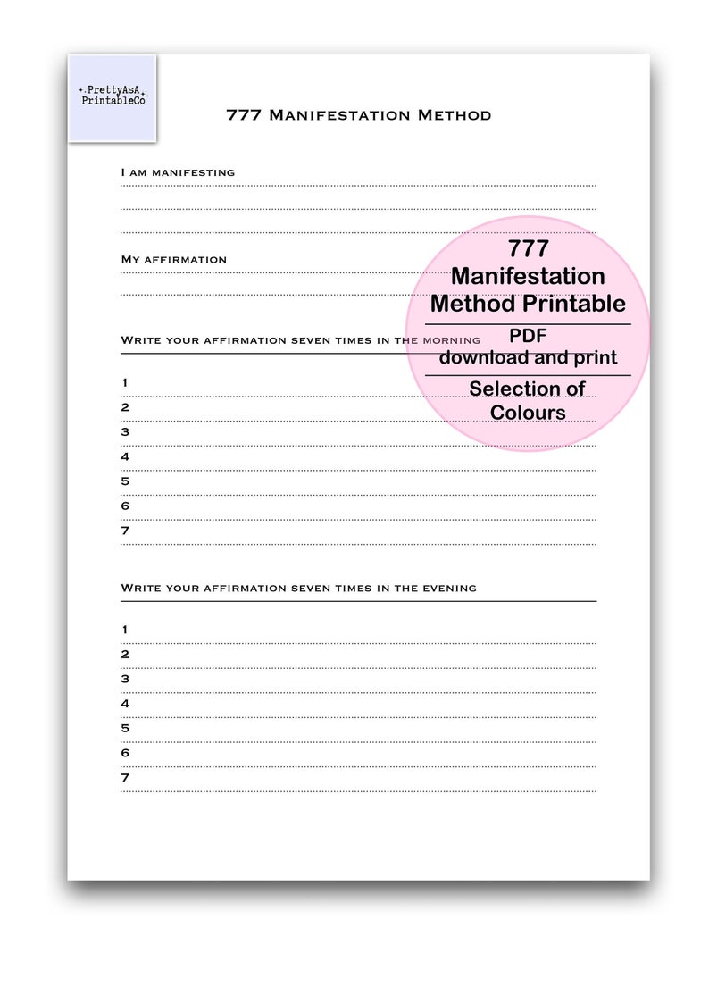 777 Manifestation Method Printable - Selection of Colours - A4, A5, US ...