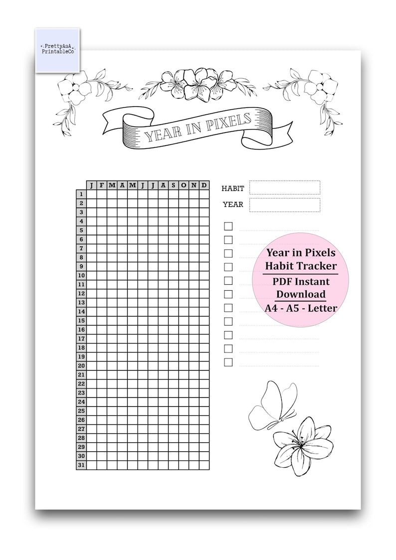 Year in Pixels Printable Template - Daily Mood and Habit Tracker - A4 ...