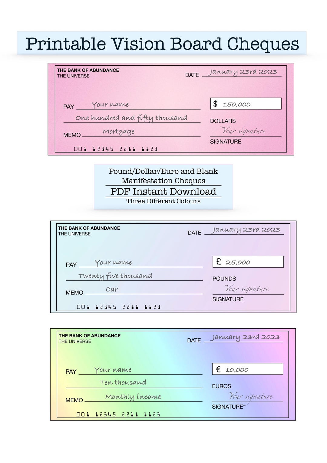 Pink, Blue and Pink, Rainbow Vision Board Cheques - Printable Abundance ...