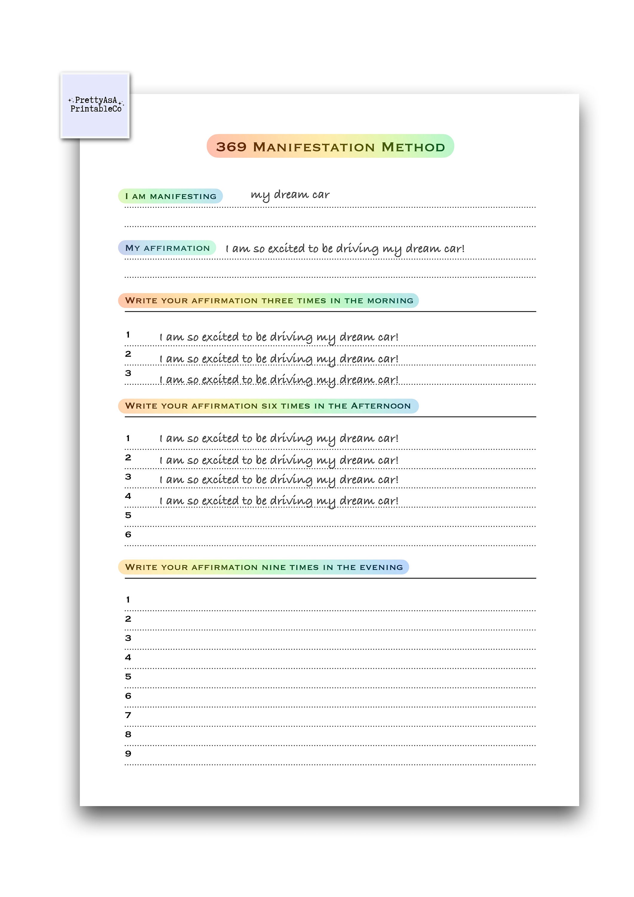 369 Manifestation Method Printable - Rainbow - Selection of Colours ...