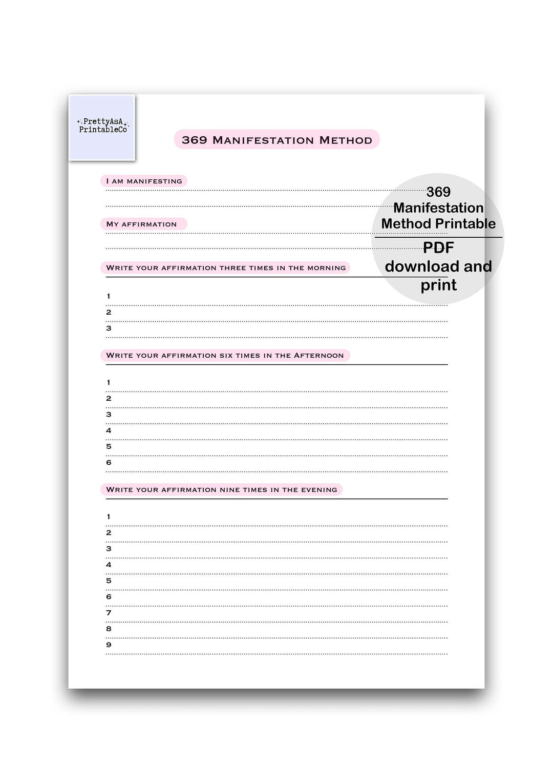 369 Manifestation Method Printable Selection of Colours A4, A5, US ...