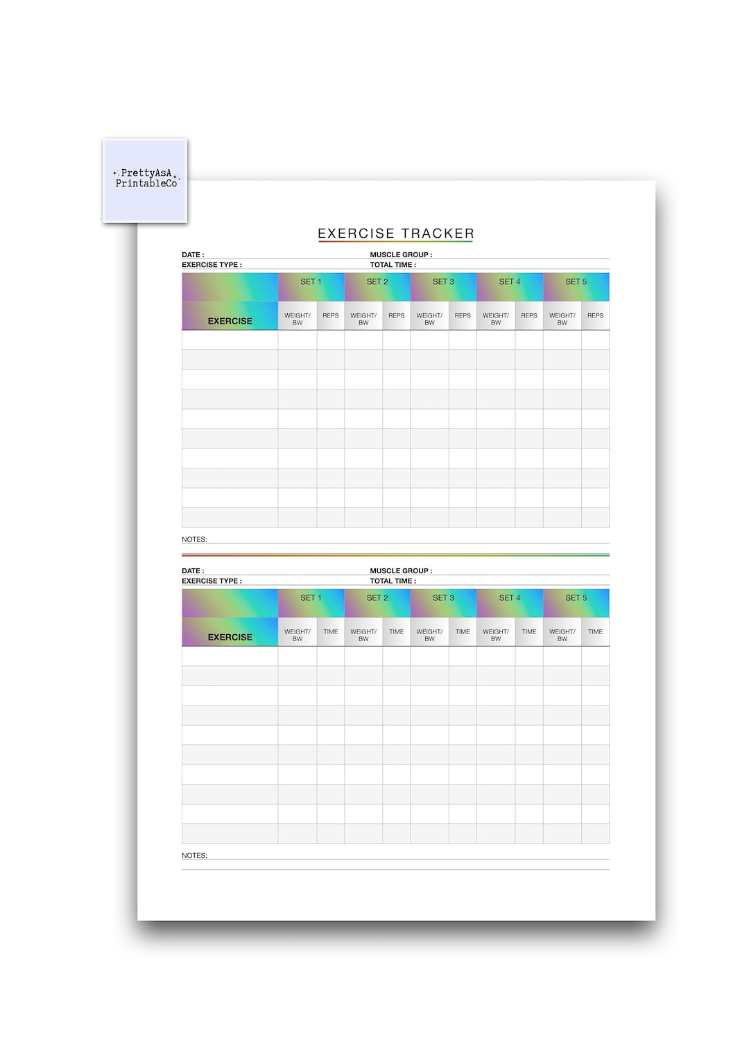 Exercise Tracker Printable - Grey, Metallic and Rainbow Workout ...