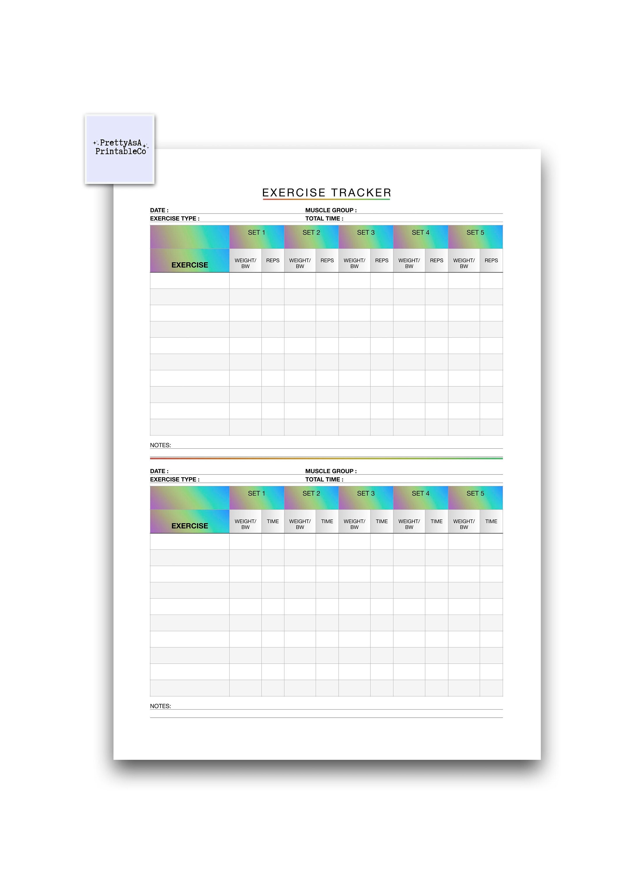 Exercise Tracker Printable - Grey, Metallic and Rainbow Workout ...