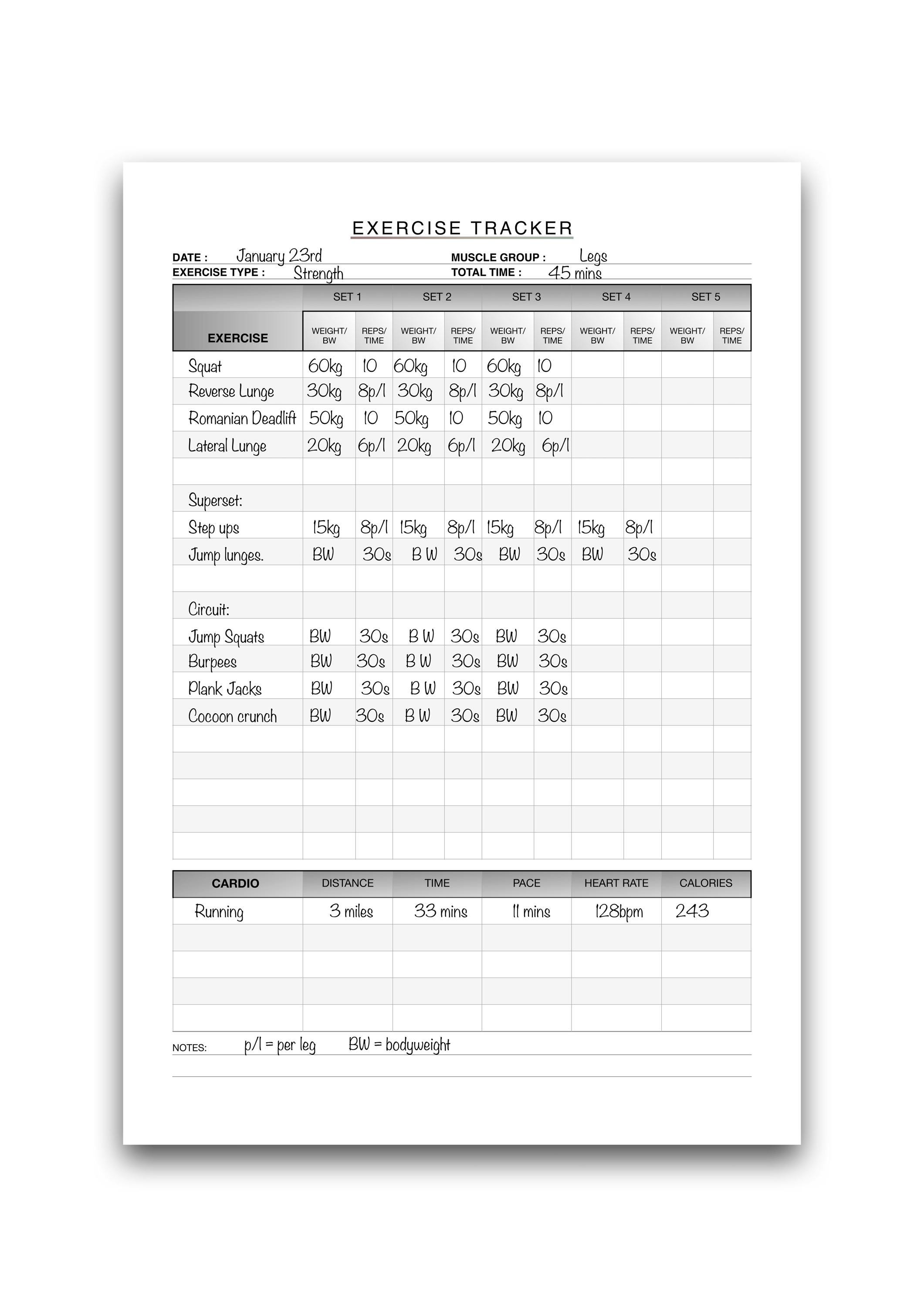 Workout Tracker - Exercise Log - Printable Instant Download - Etsy