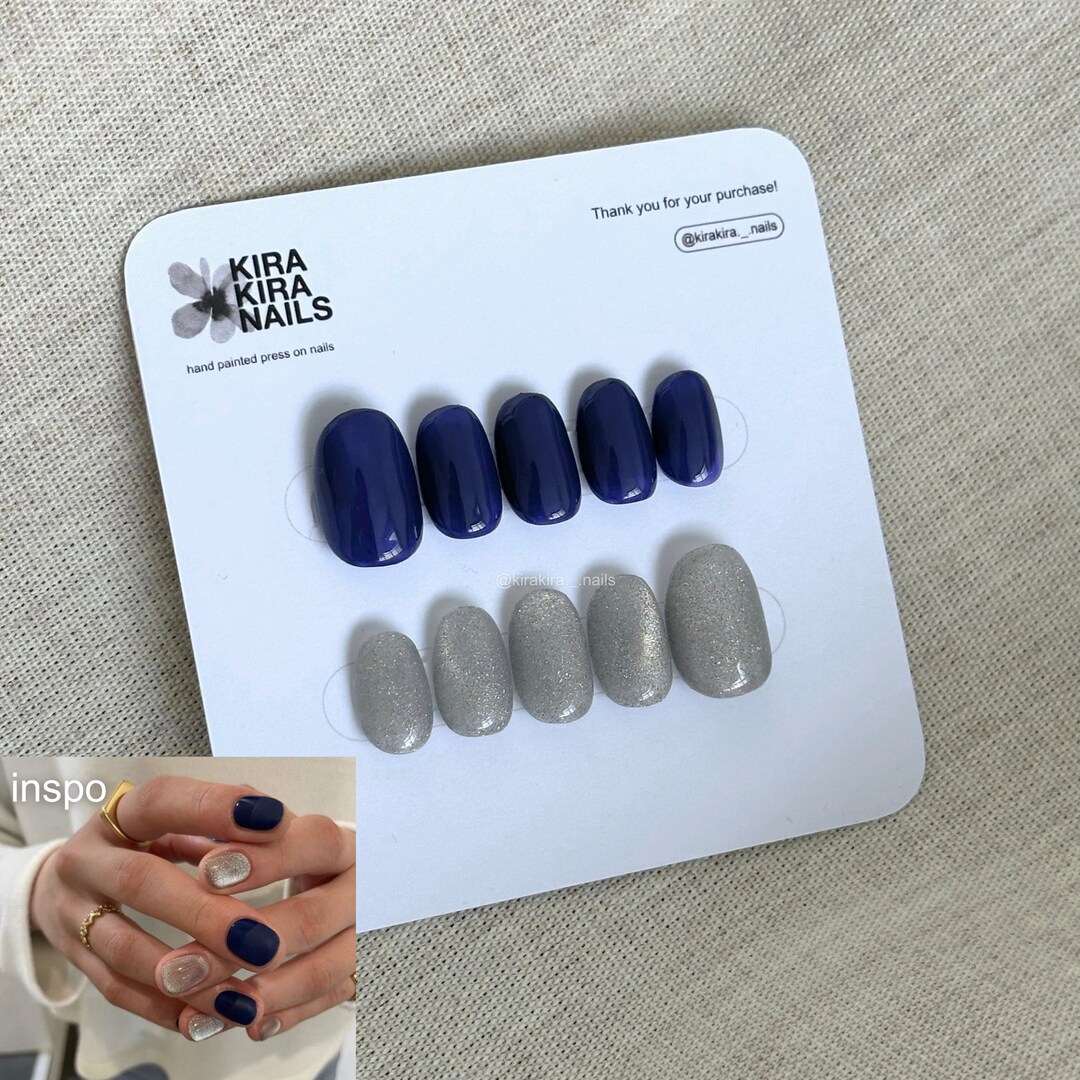 Blue & Velvet Mismatch Press-on Nails | Hand Painted Press-on Nails ...