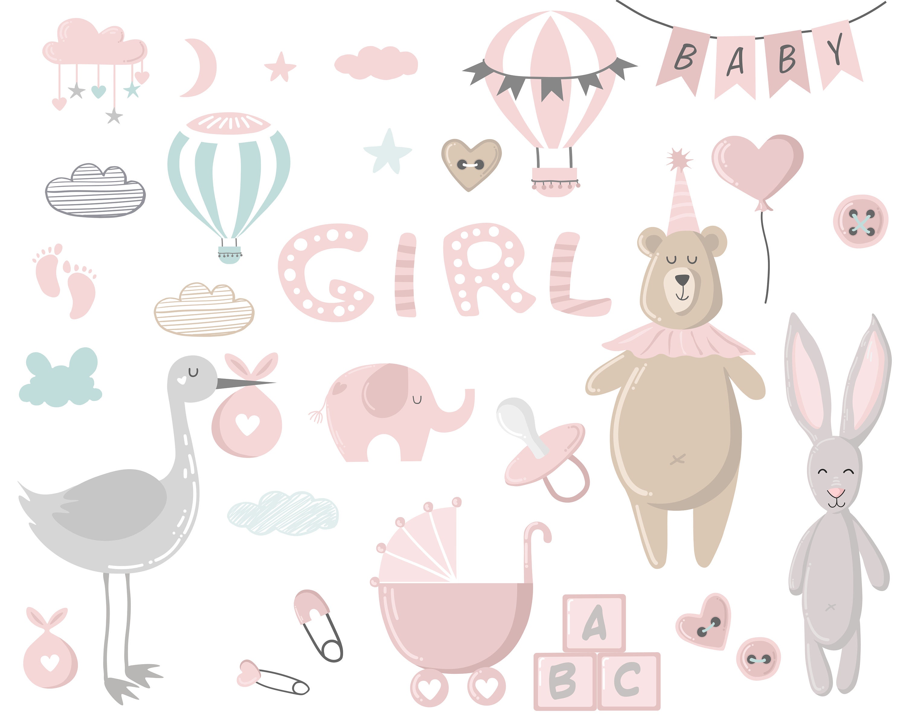Baby Girl Shower Clipart Balloons Bears Digital Printable - Etsy