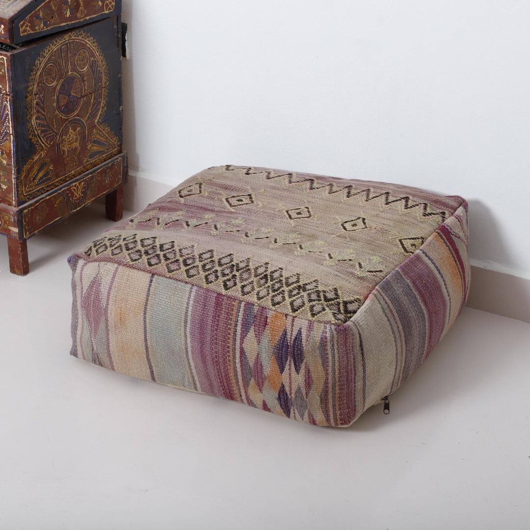 Vintage Kilim Floor Pouf With Soft Earth Tones and Tribal Patterns ...
