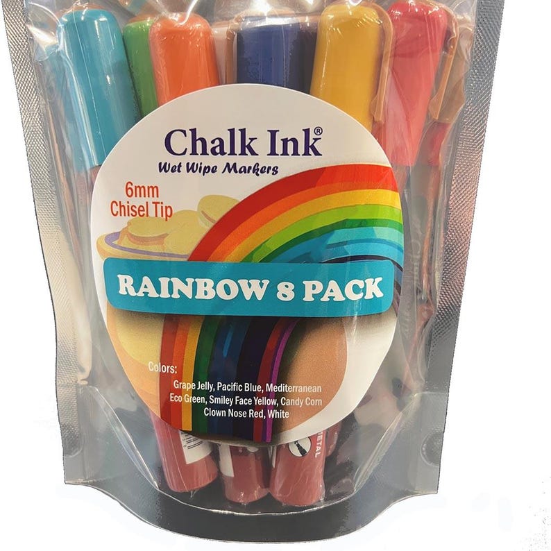 Chalk Ink 6mm Chisel Tip Rainbow Pack Set of 8 Wet Wipe Liquid Chalk ...