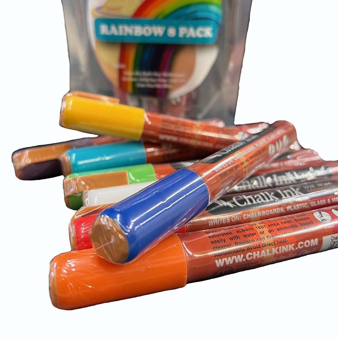 Chalk Ink 6mm Chisel Tip Rainbow Pack Set of 8 Wet Wipe Liquid Chalk ...