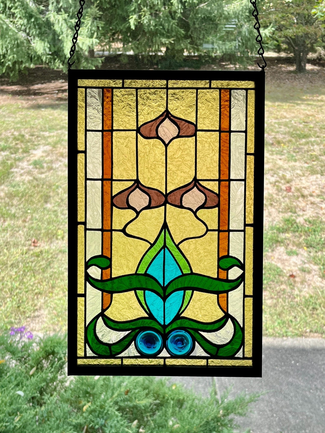 Stained Glass Panel With Art Nouveau Design and Colored Textured Glass ...