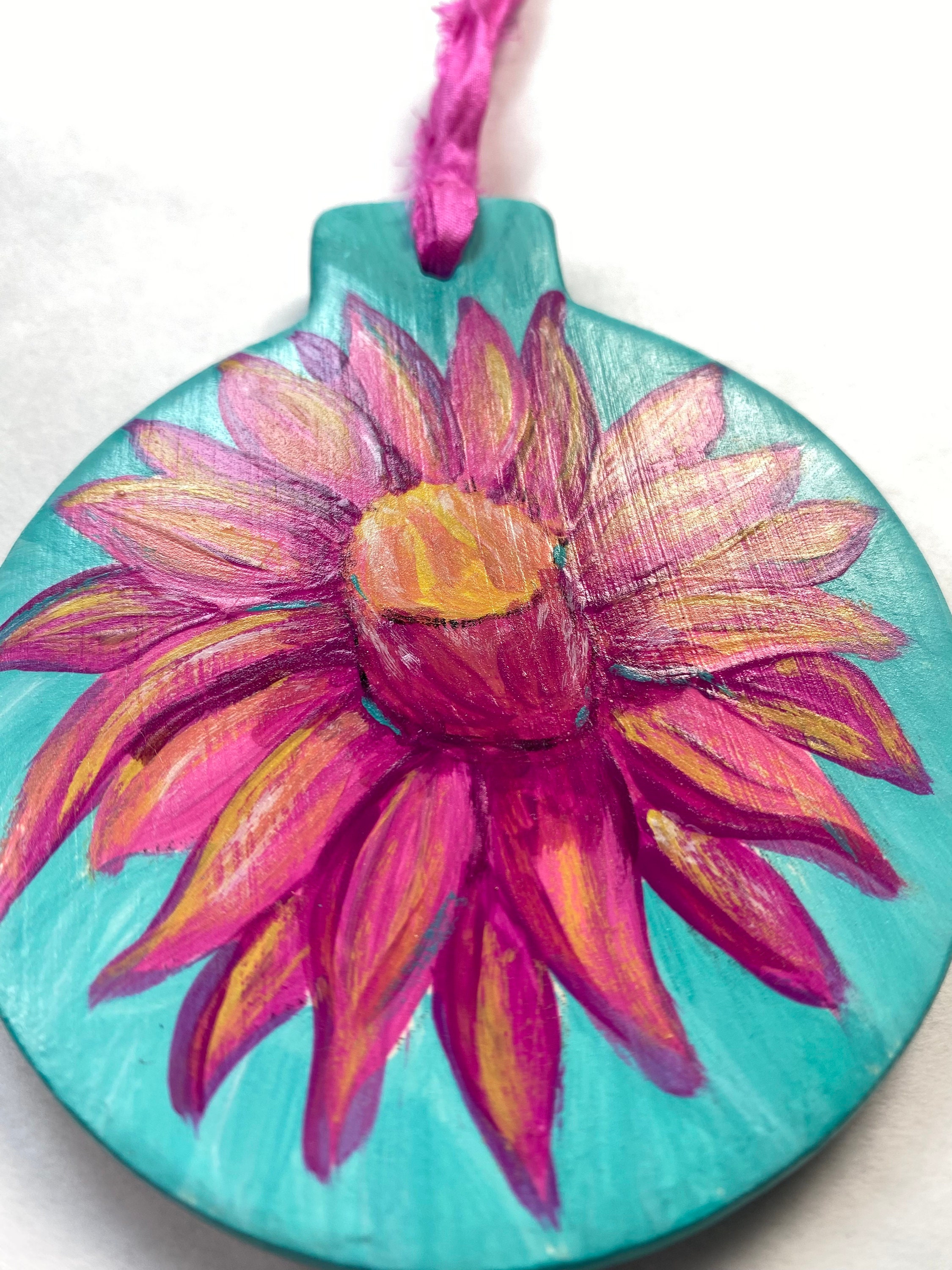 Hand Painted Ceramic Pink Flower Ornament, Flower Ornament Hand Painted ...