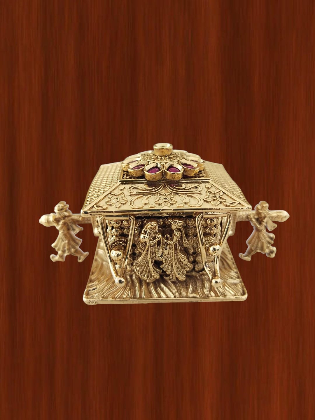 Gold Plated Dolly Sindoor Box, Kempu Stone Brass Kumkum Box Pooja ...
