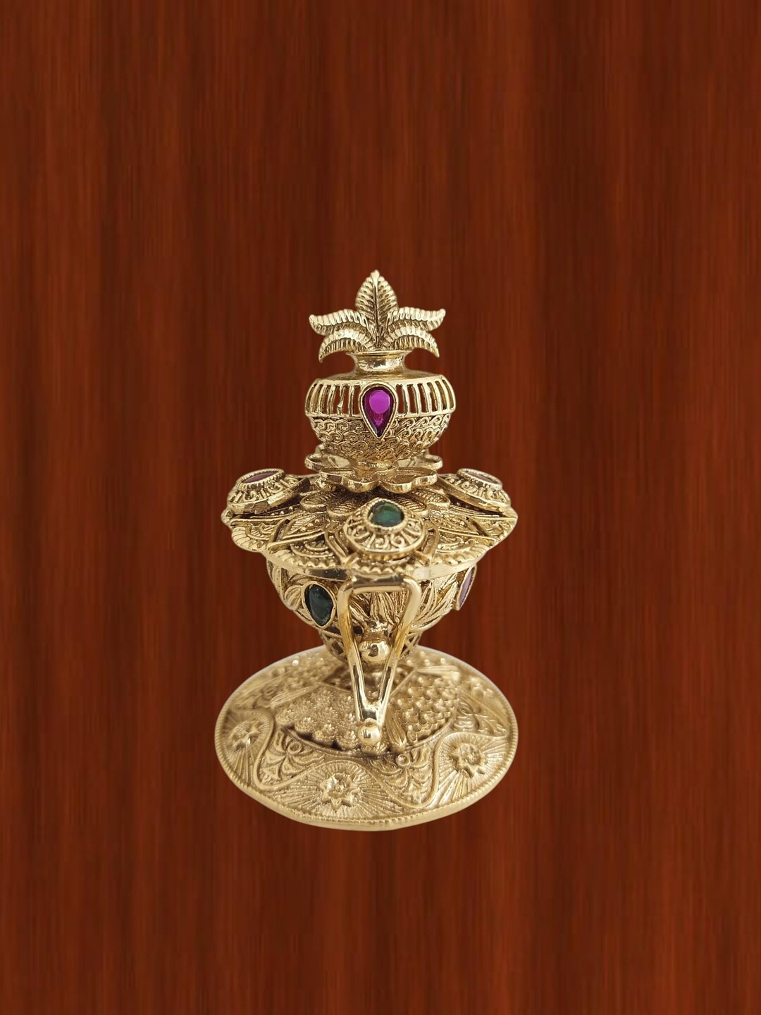 Gold Plated Kalash Design Sindoor Box, Kempu Stone Brass Kumkum Box ...