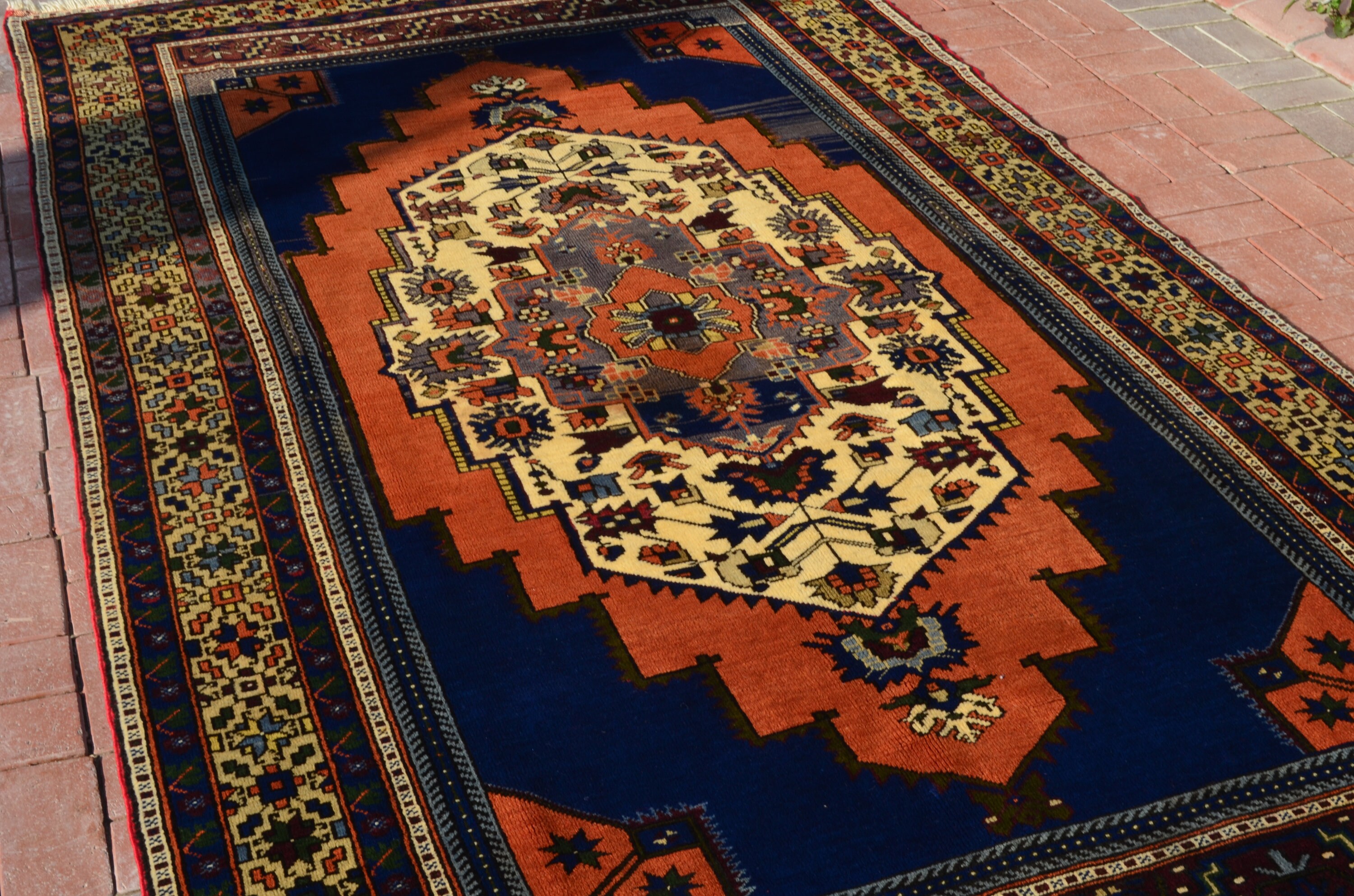 Oversize Rug, Navy Blue Orange Rug, Handmade Rug, Livingroom Rug, Wool ...