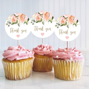 Printable Thank You Cupcake Toppers Sticker, Pink Floral Cake ...