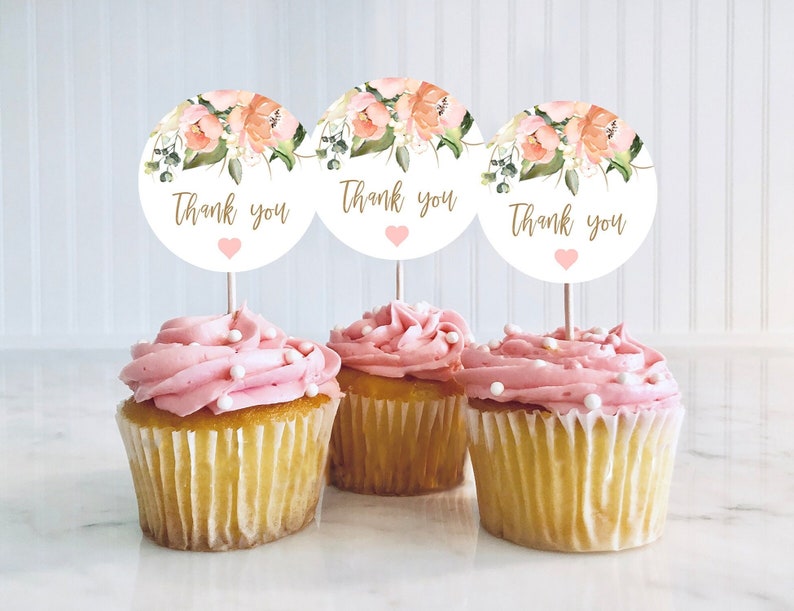 Printable Thank You Cupcake Toppers Sticker, Pink Floral Cake ...