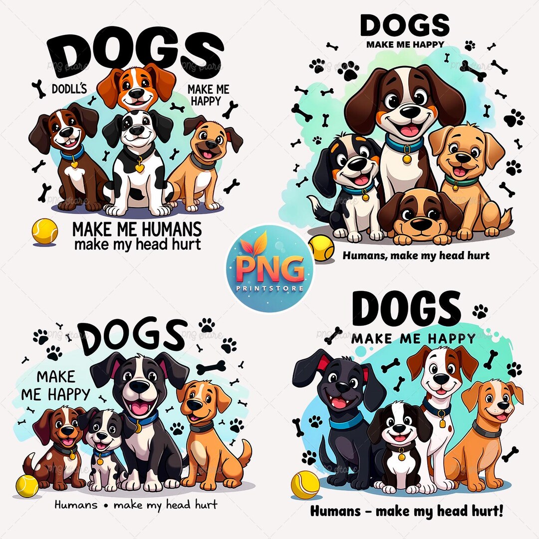 Cartoon Dogs PNG Bundle, Funny Puppy Clipart, Dog Lovers Design ...