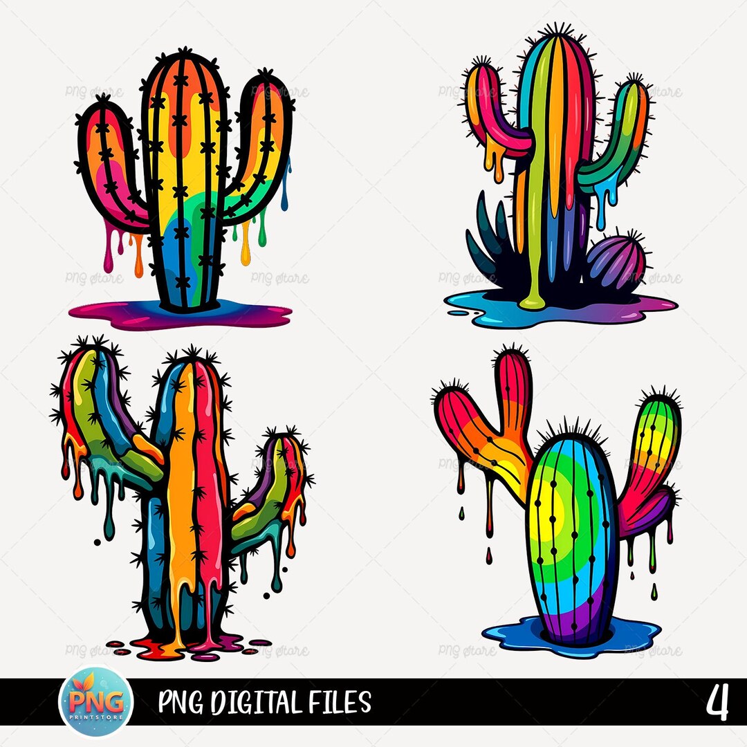 Colorful Dripping Cactus PNG Bundle 4 Designs Sublimation Rainbow ...