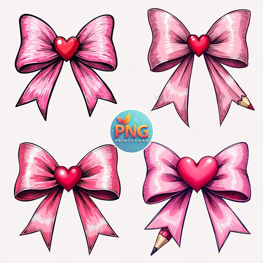 Pink Bow With Heart PNG Sublimation Bundle, Valentine’s Day Design ...