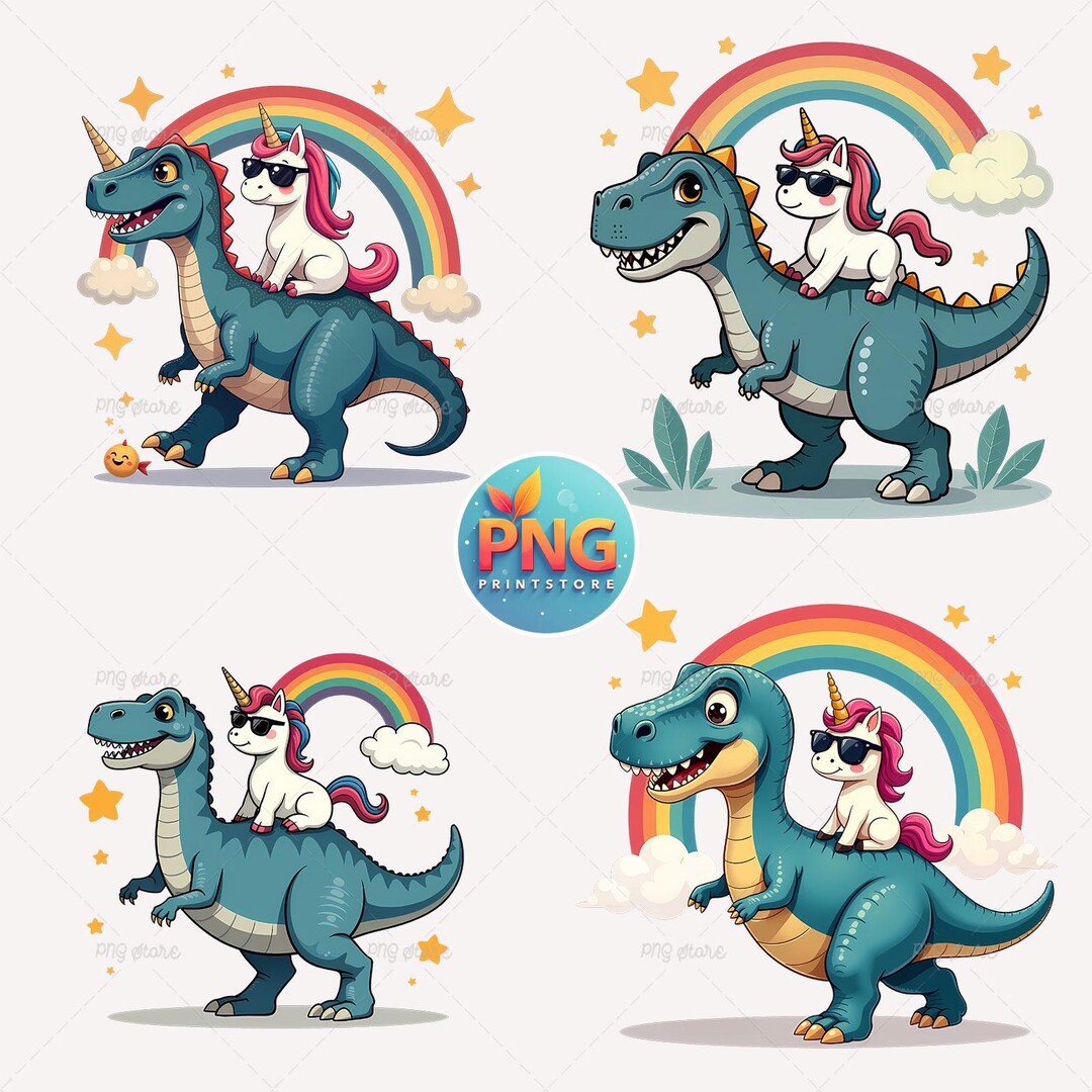 Dinosaur and Unicorn PNG Bundle, Rainbow Clipart, Funny Animal Design ...